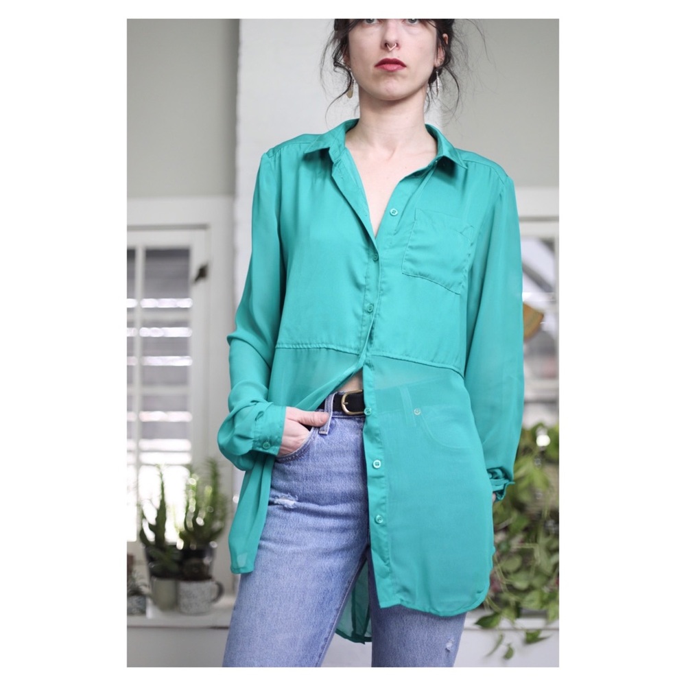 Free People Half Sheer Slit Back Blouse - Gem